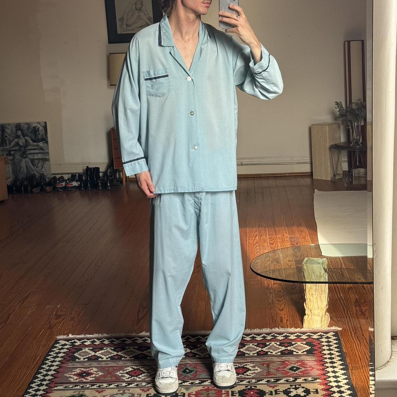 Vintage 60s/ 70s men’s two piece blue pajama set ~... - Depop