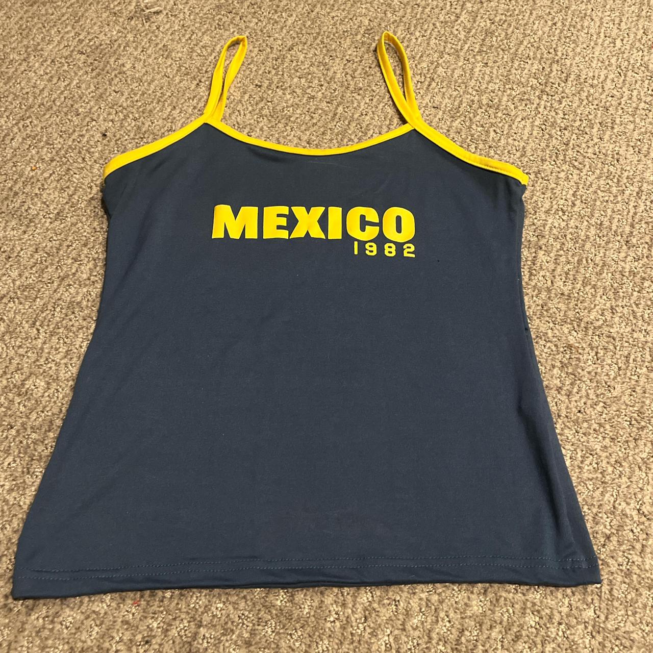 no level navy blue and yellow mexico tank top small - Depop