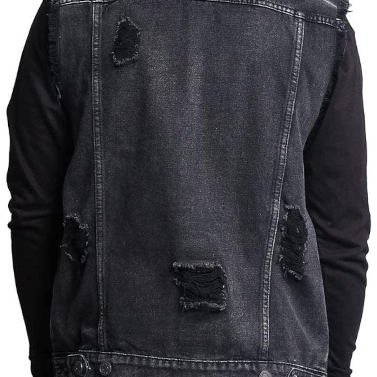 Black denim biker jacket size medium in mens. Never... - Depop