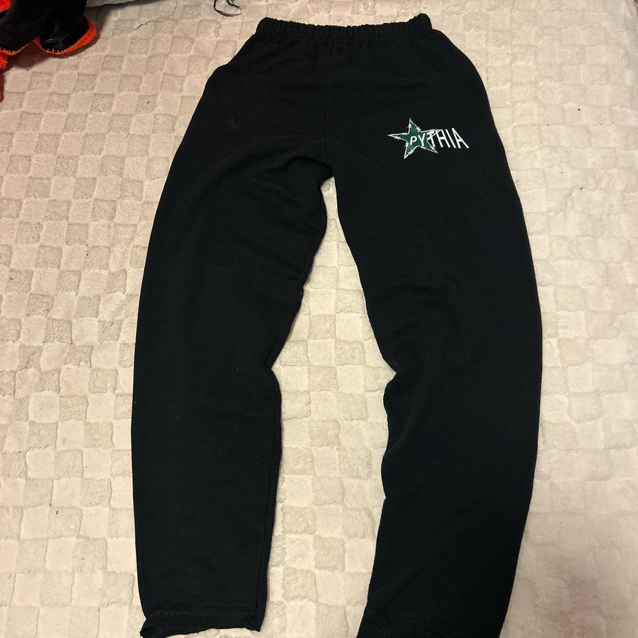 pythia uncuffed Black and green sweatpants with a... | Depop