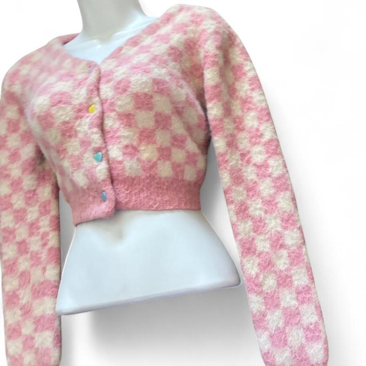 Preppy Fairycore Pink and white checkered cardigan... | Depop
