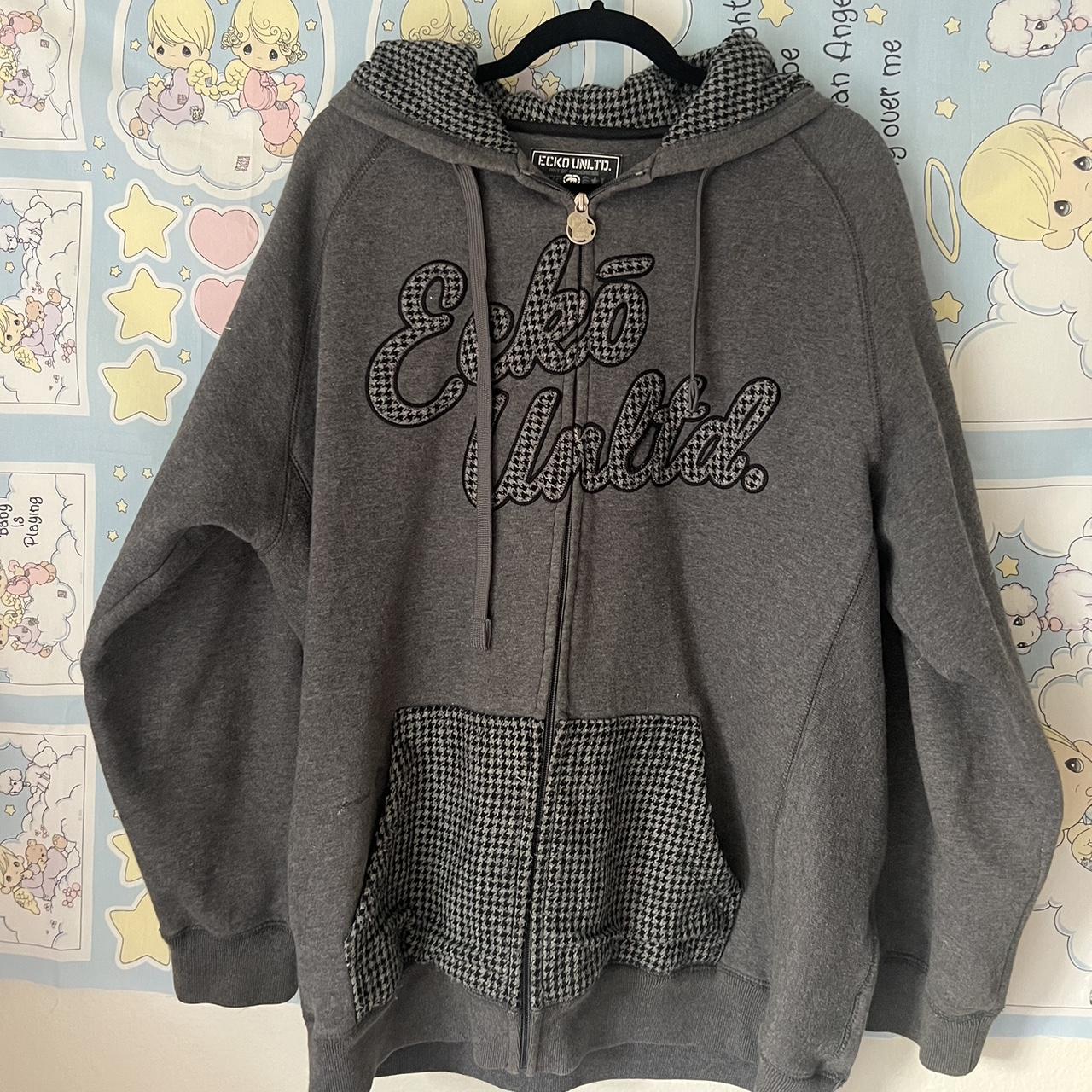 Grey Ecko Unltd. zip-up hoodie with houndstooth... - Depop