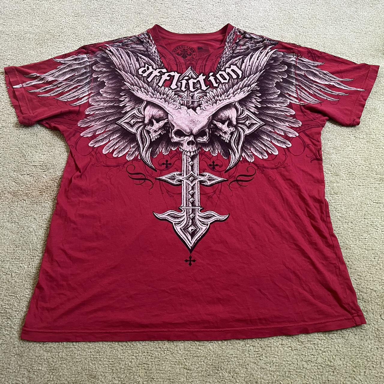 RARE Affliction Red skull shirt with Wings &... - Depop