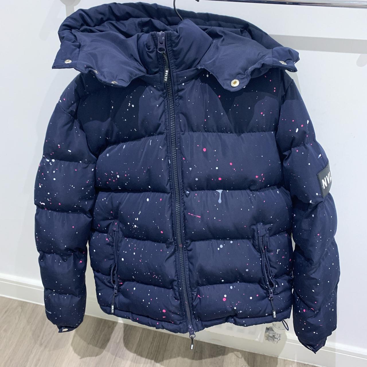Navy blue winter puffer jacket with splattered paint... - Depop