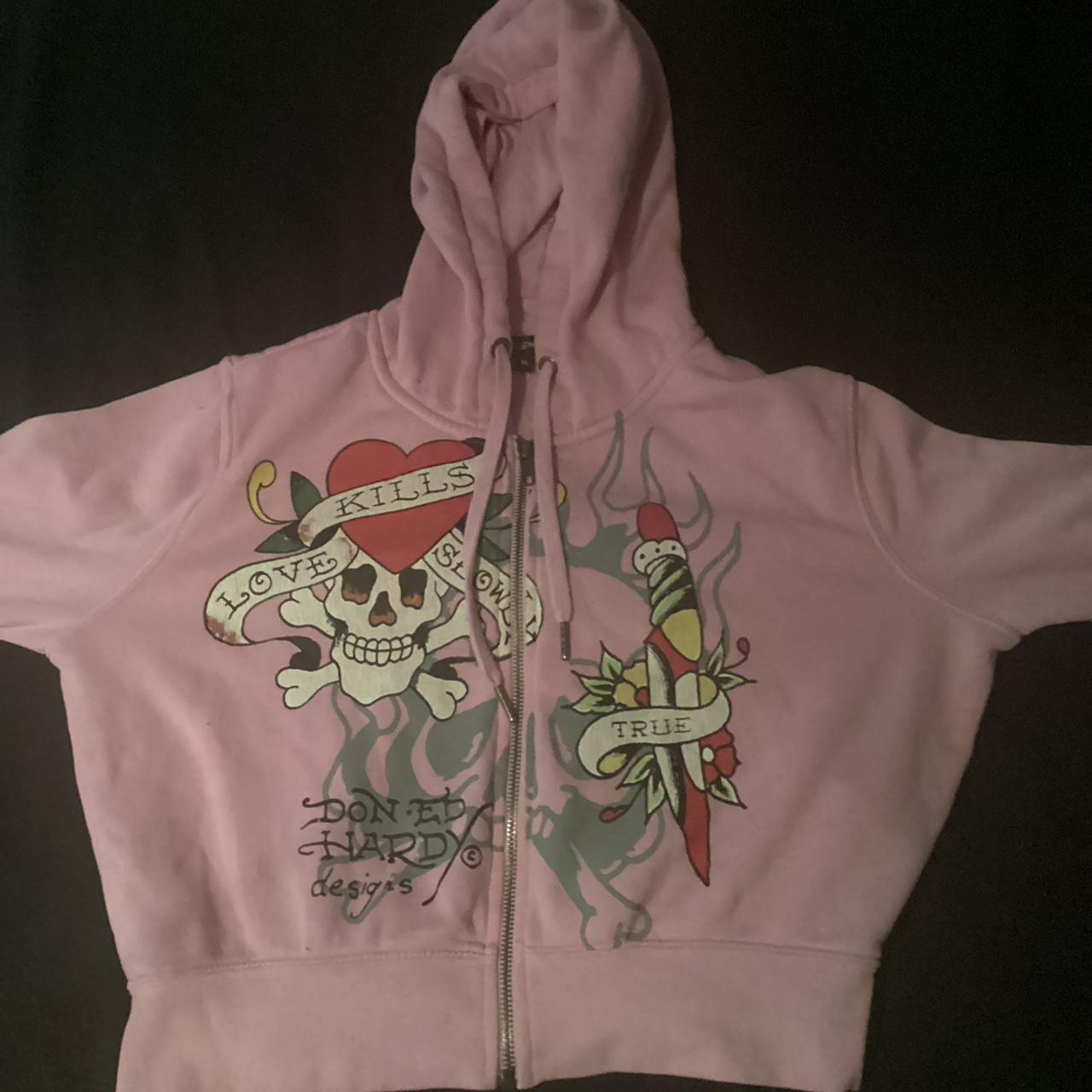 REAL $75 Pink Ed Hardy cropped zip-up hoodie with... | Depop