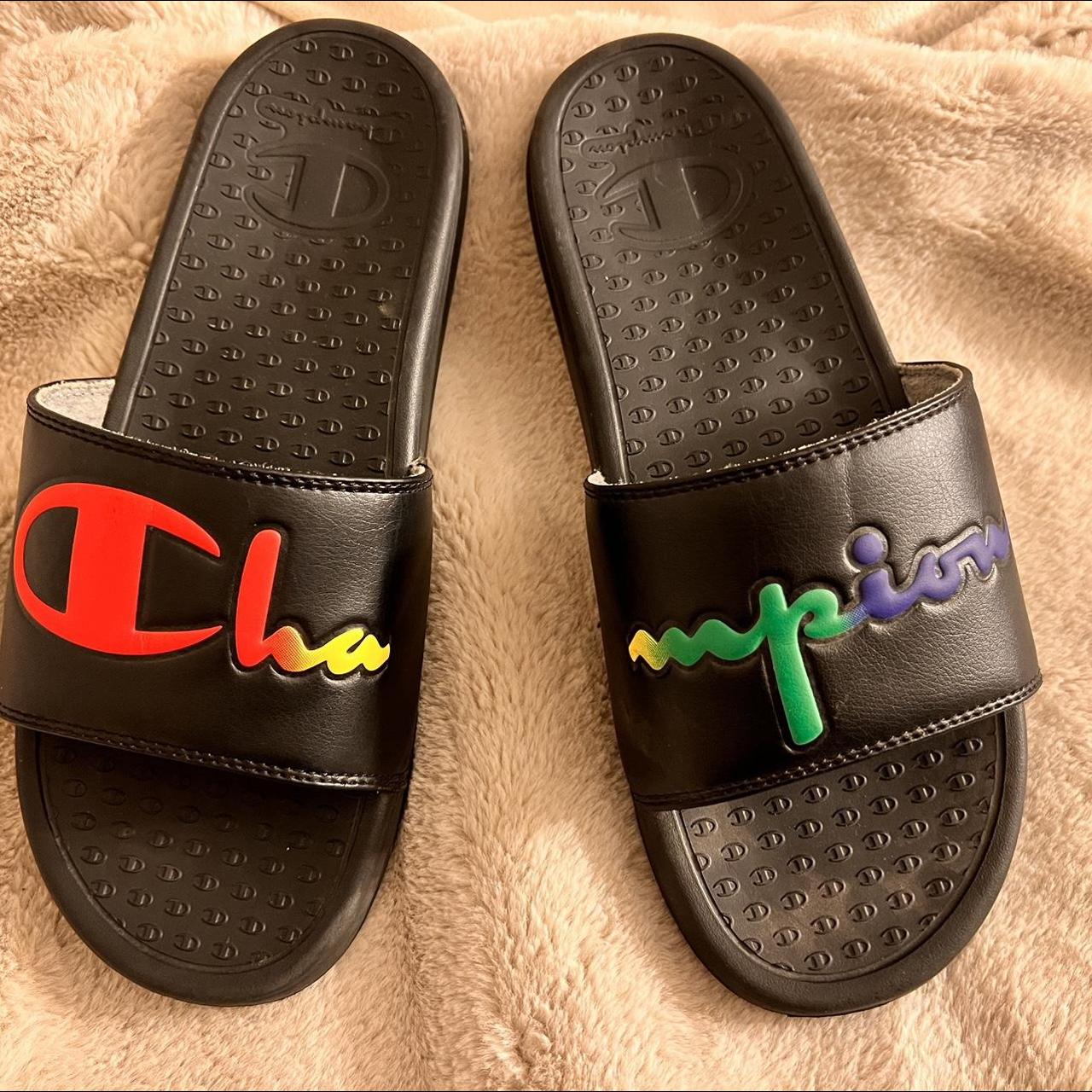 Champion black/multicolor women’s slides, size 10 - Depop