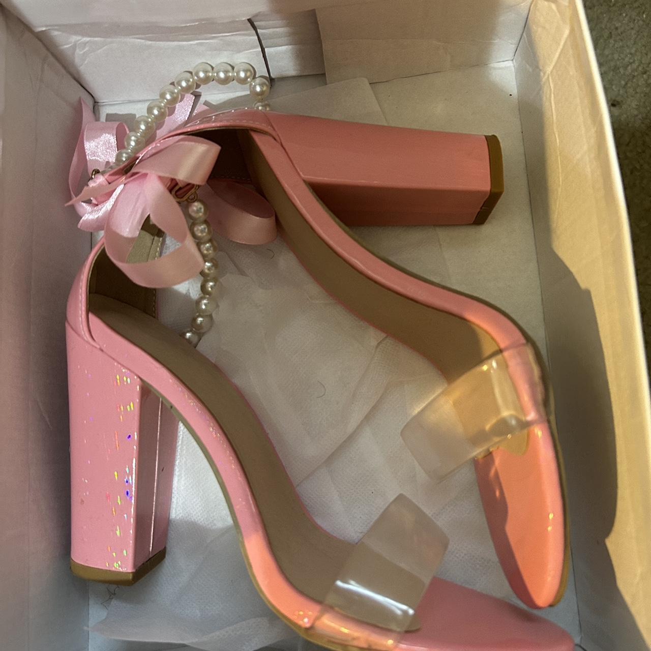 Pink Heels with pearl and ribbon strap 3 inch block... - Depop