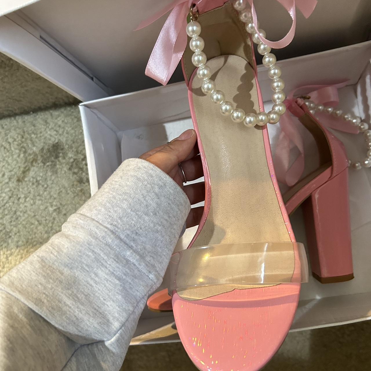 Pink Heels with pearl and ribbon strap 3 inch block... - Depop