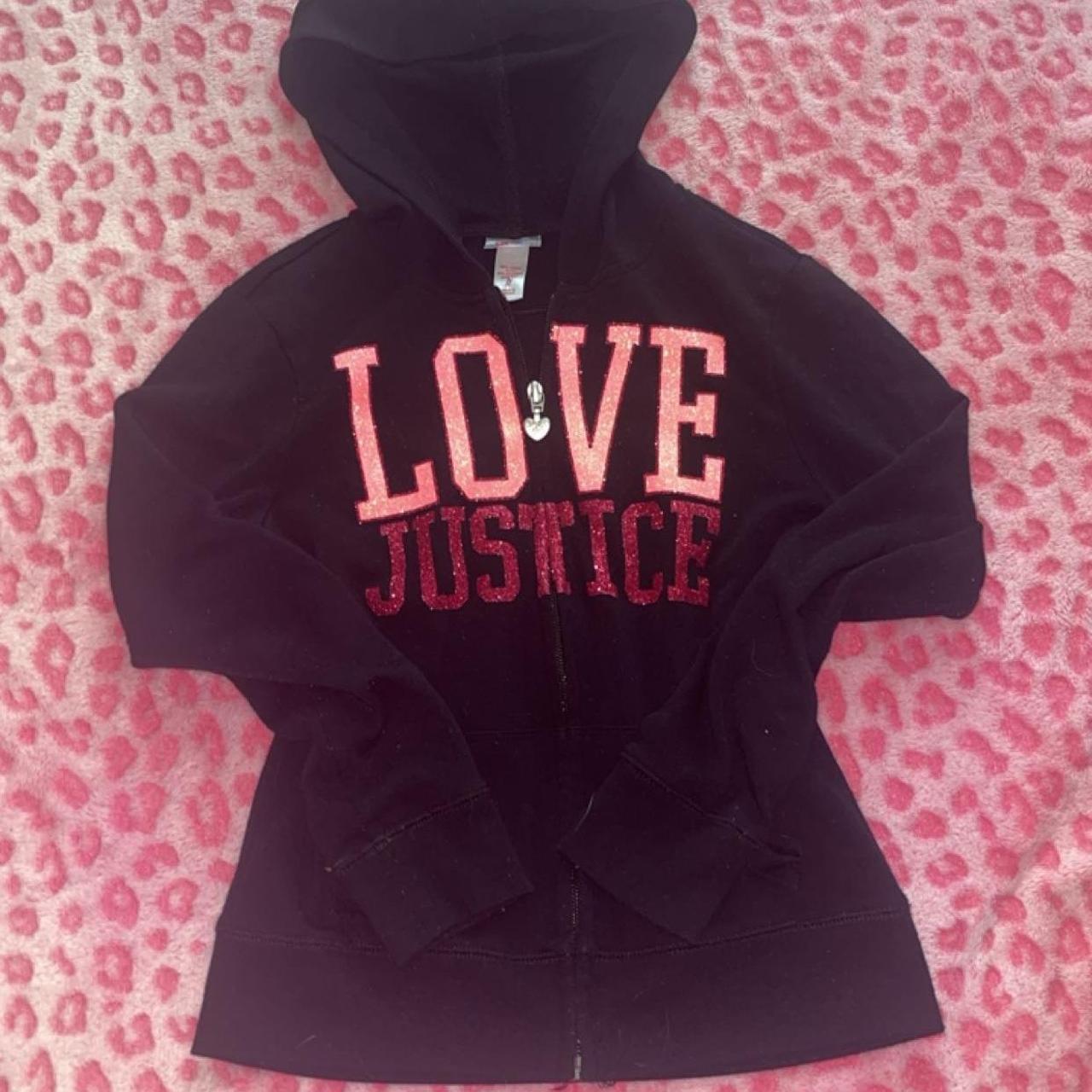 pink justice zip up glittery writing fits as an XS... - Depop