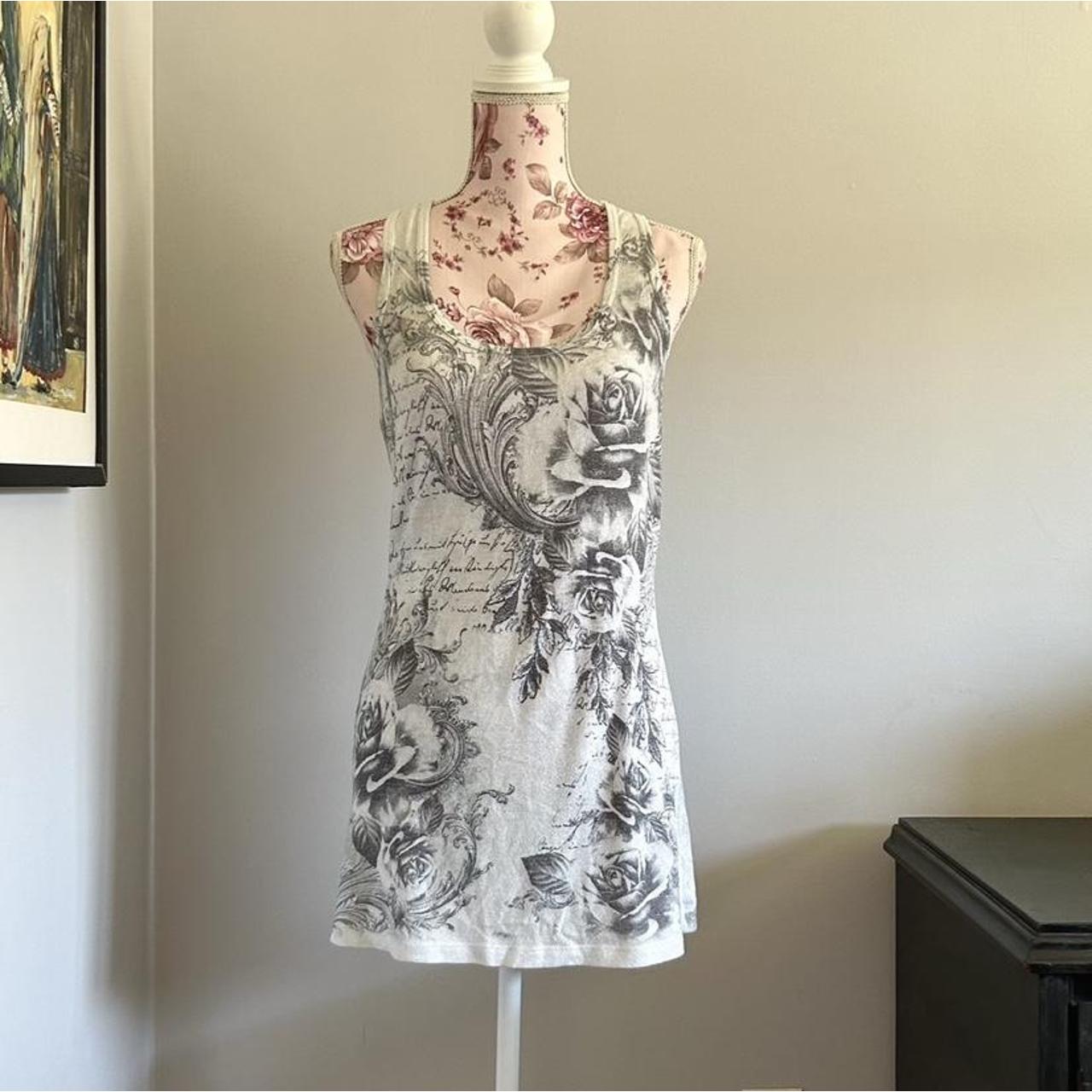 Mcbling graphic floral tank top cross back 2000s... - Depop