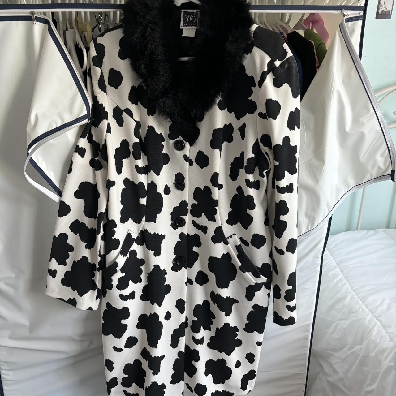 vintage cow print long coat with fur size xl fits... - Depop