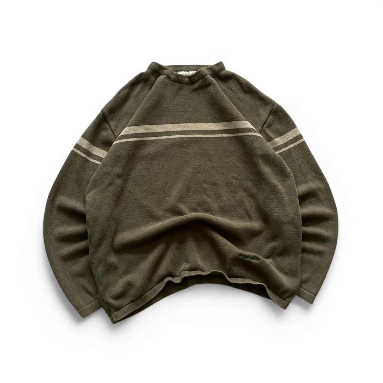 Y2K Dark Green Striped Knitted Sweater Earthtone... | Depop