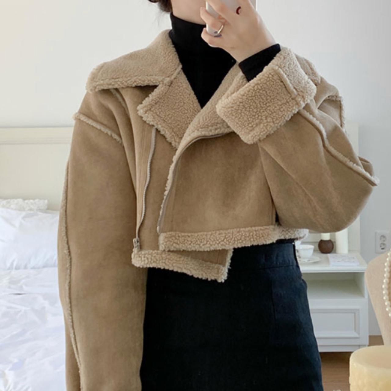 cropped dumble shearling jacket made in korea worn... - Depop