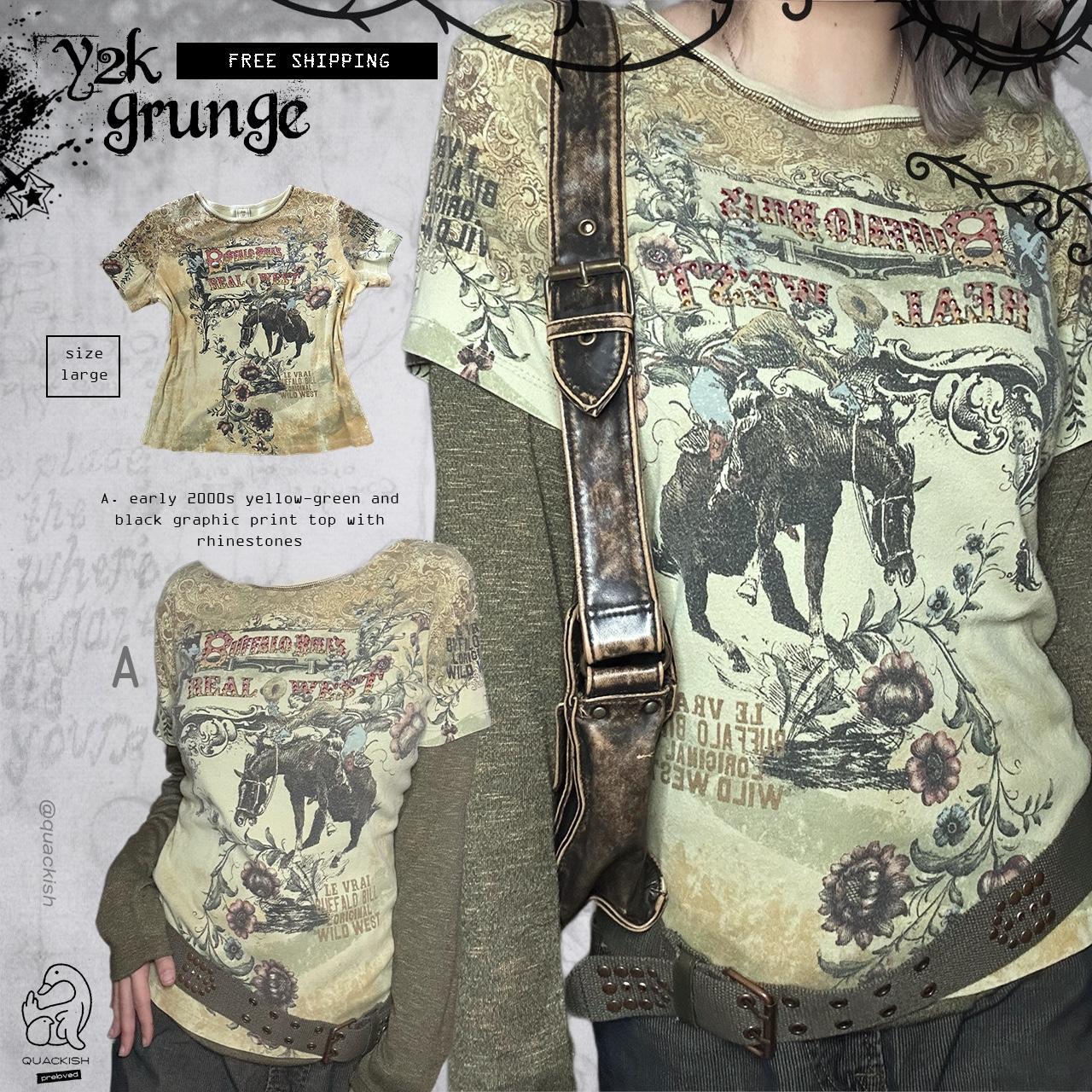 Y2K GRUNGE// EARLY 2000s YELLOW-GREEN FLORAL MOTIF... - Depop