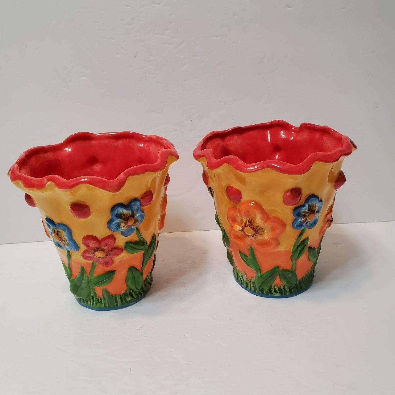 Hand-Painted Floral Ceramic Planters by Foreside,... - Depop