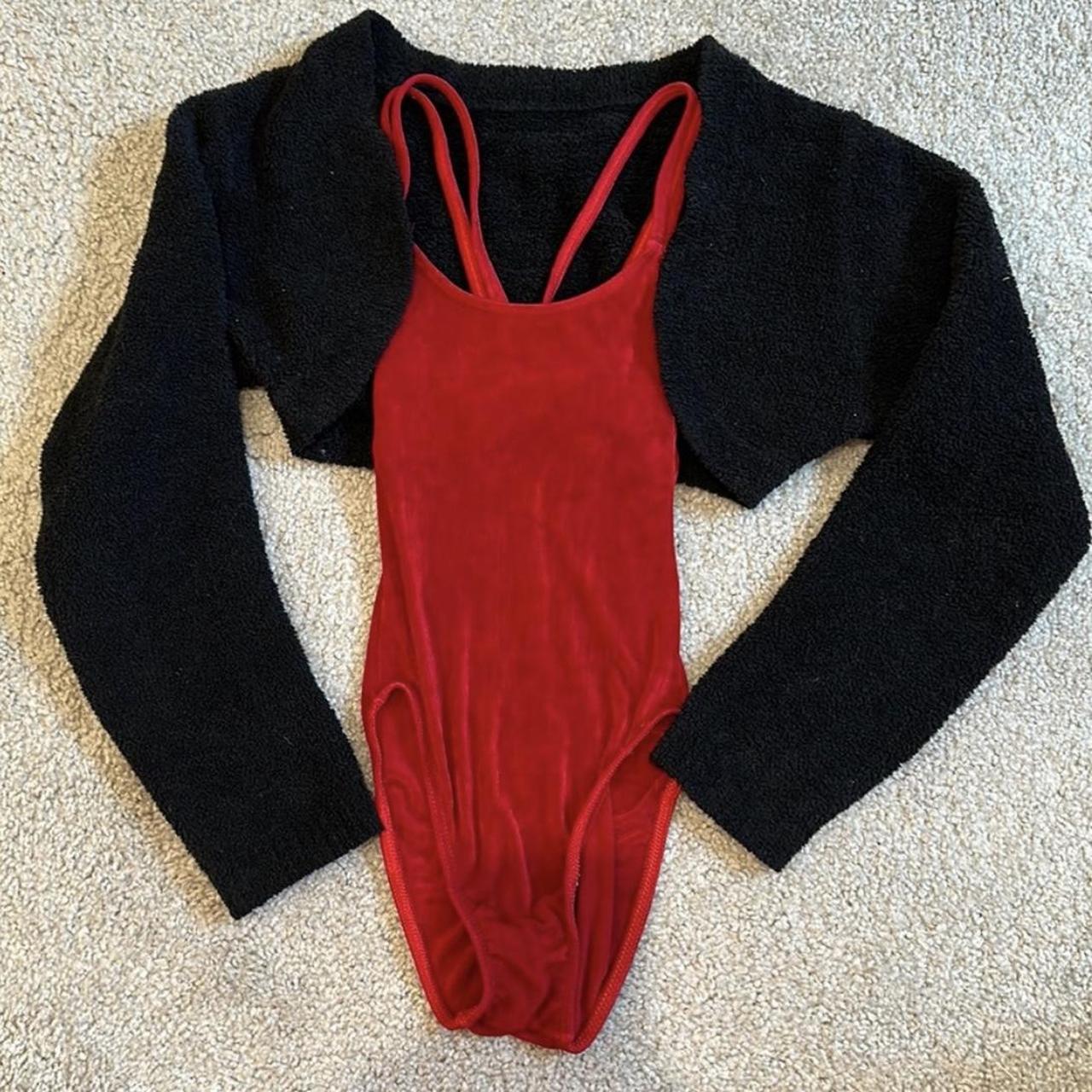 Cropped black ballet shrug + 90s red velvet criss... - Depop