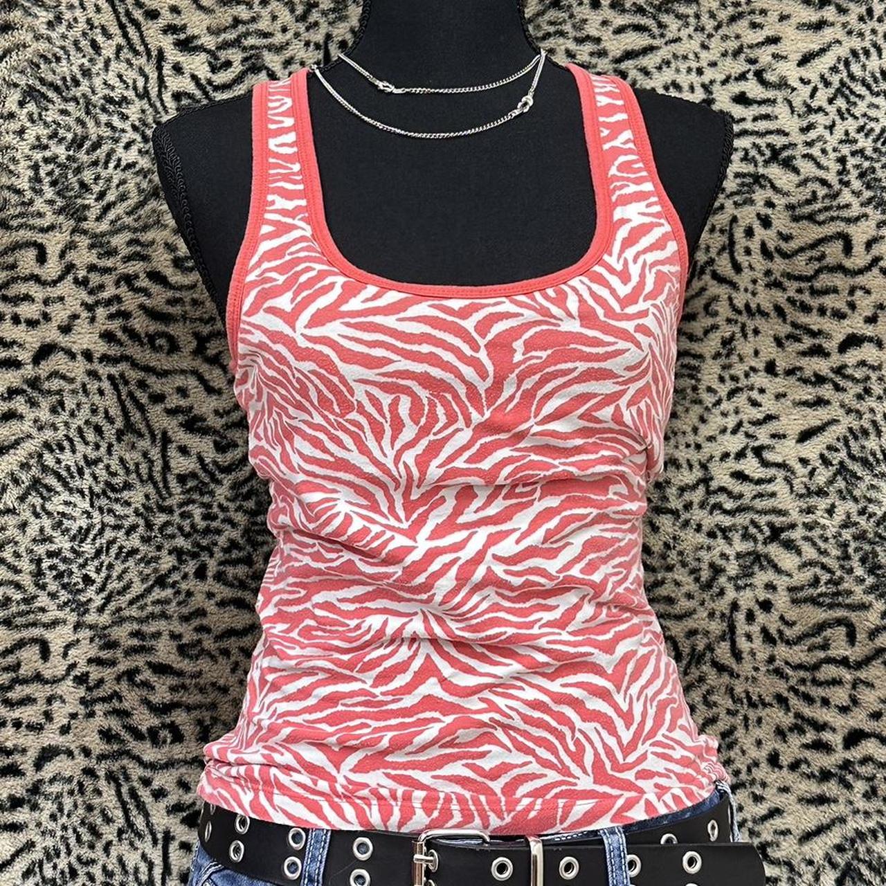 Pink and white zebra print tank active top with... - Depop