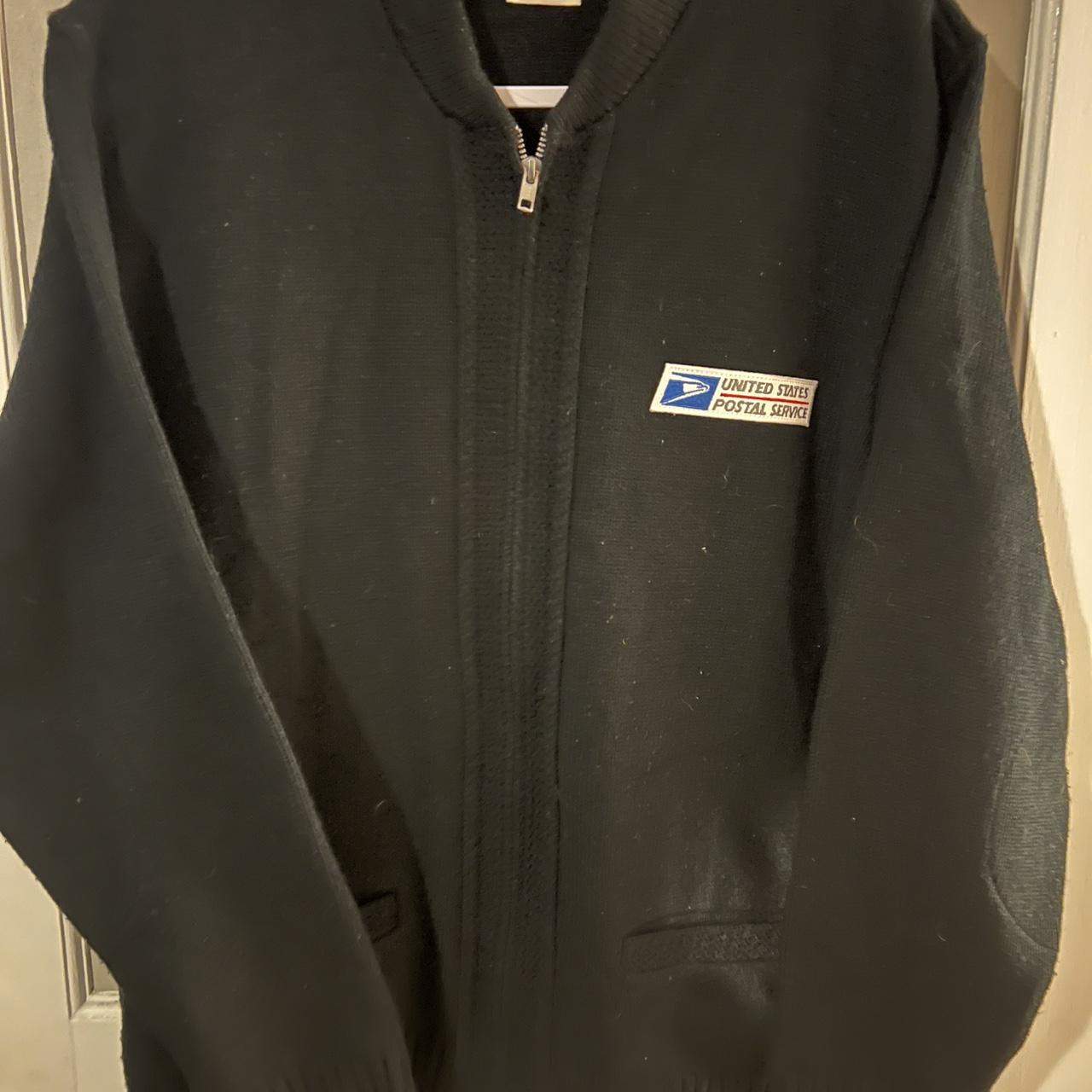 Black and blue USPS knit zip-up jacket with a... | Depop