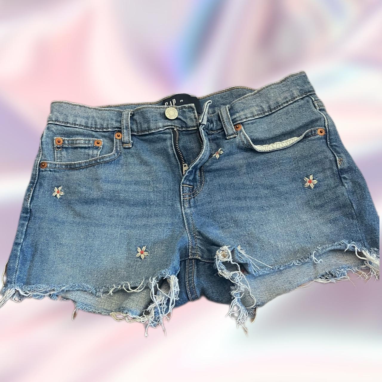 Daisy cropped denim shorts distressed/frayed edge.... - Depop