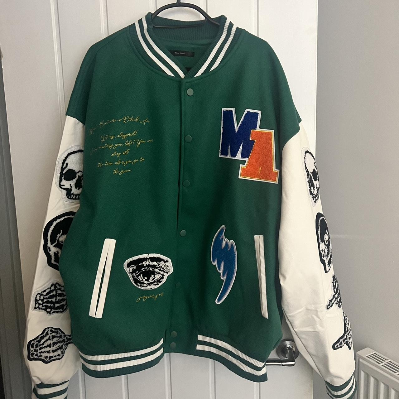 Green and white Embodied Varsity Jacket From Shibuya... - Depop