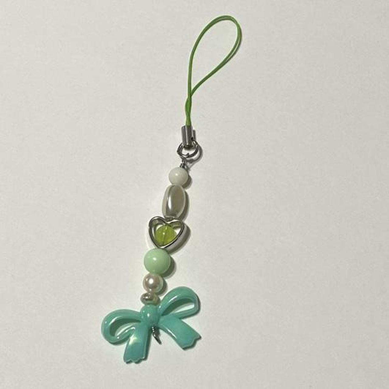 green ribbon heart phone charm handmade w... - Depop