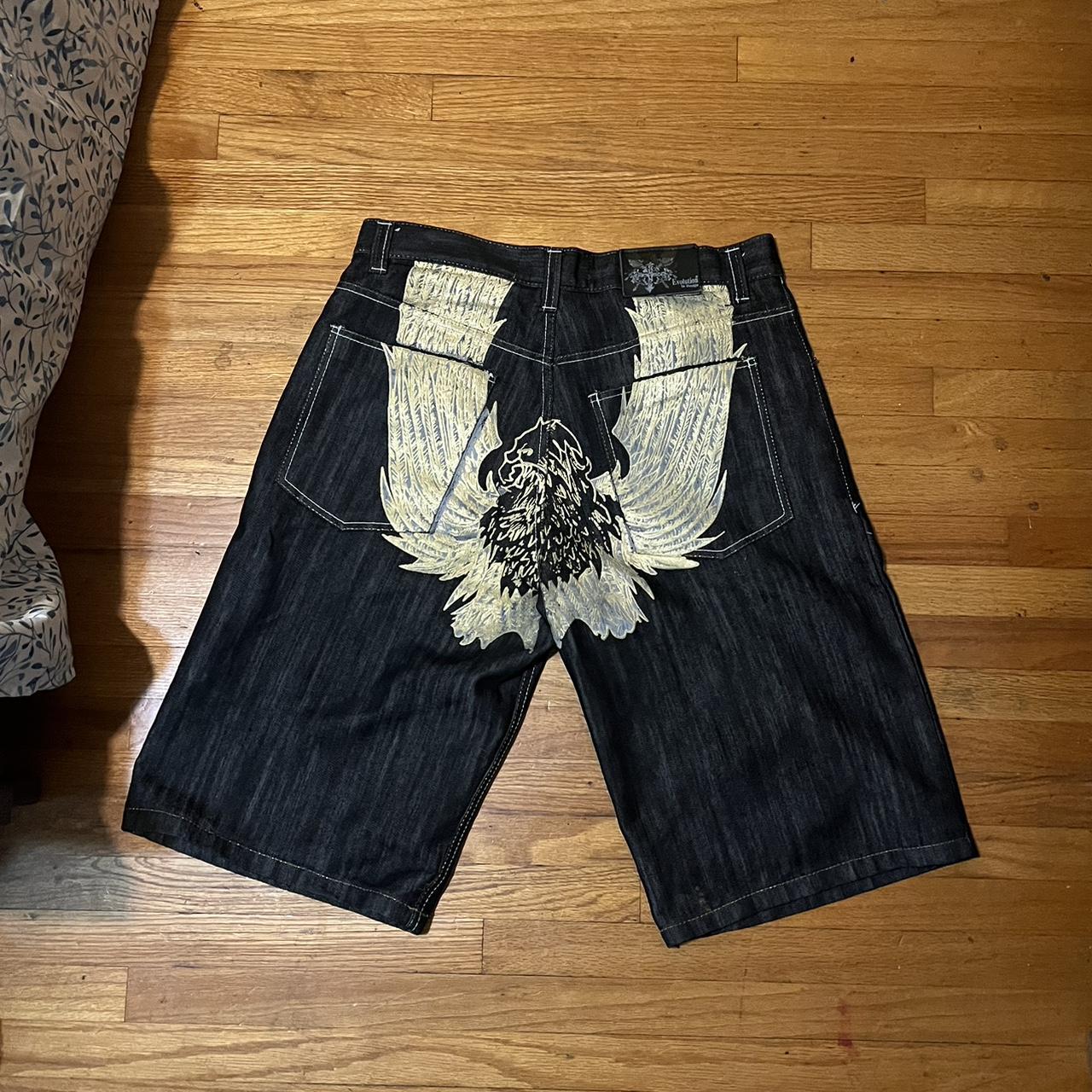 Y2K denim shorts by evolution The gold wings gives... - Depop