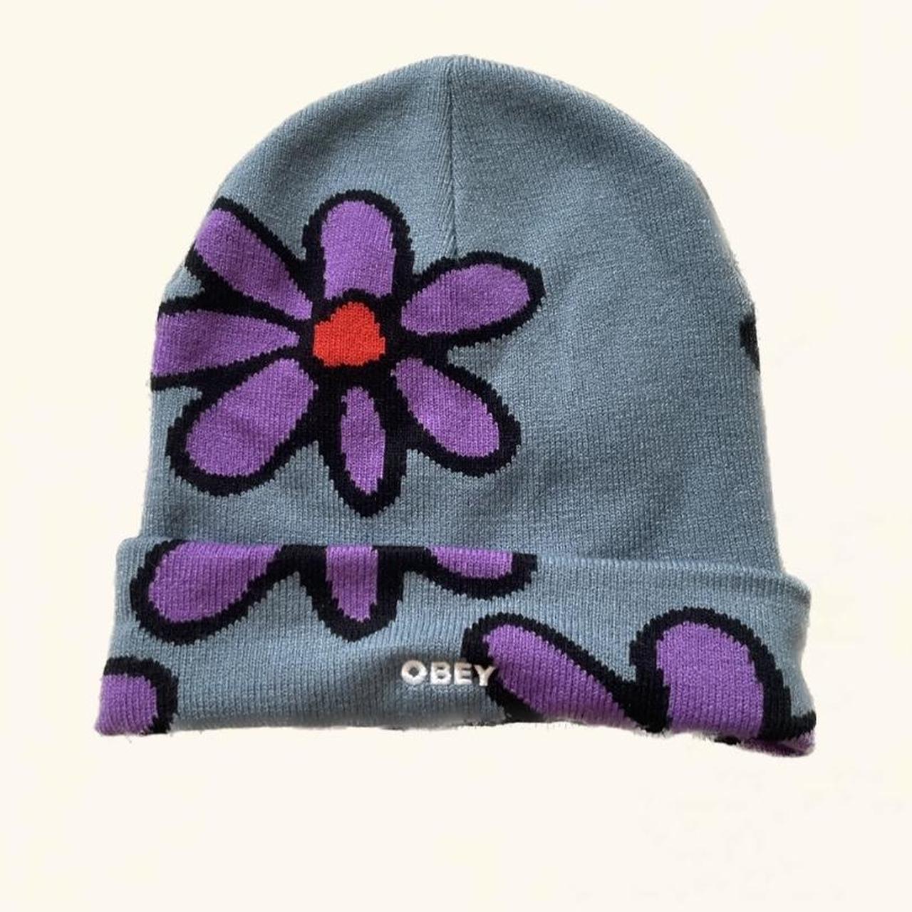 Obey purple and blue flower print beanie #flower... - Depop
