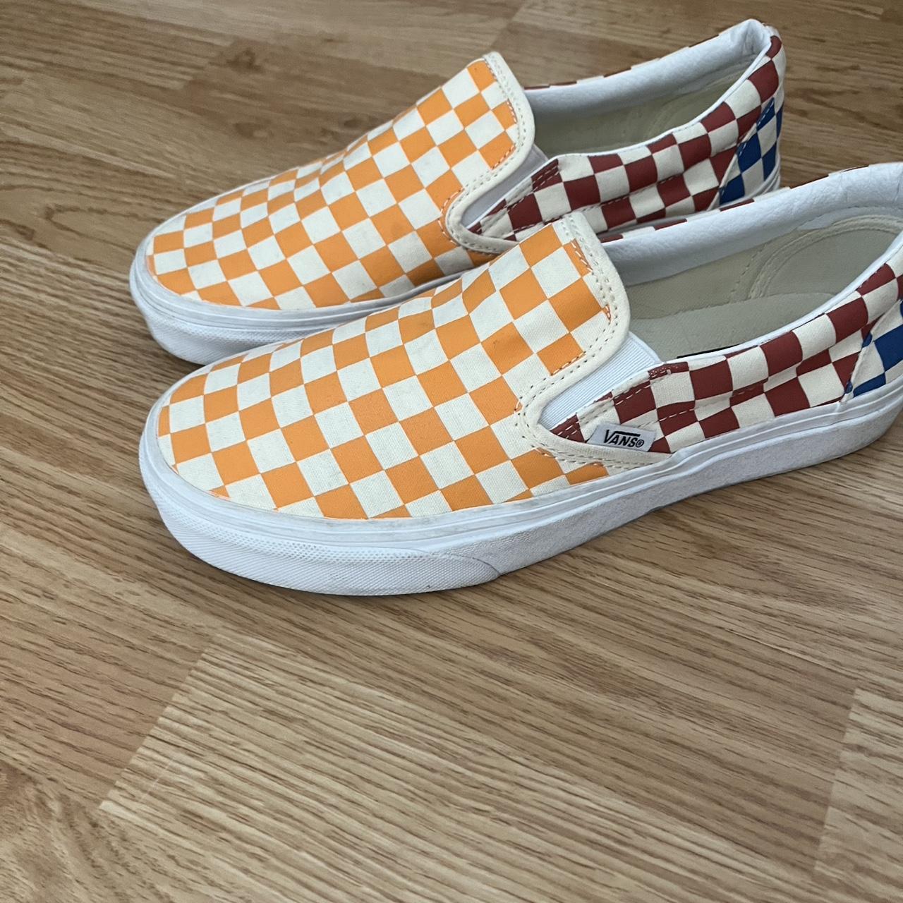 Vintage Orange, red and blue checkered Vans slip-on... | Depop