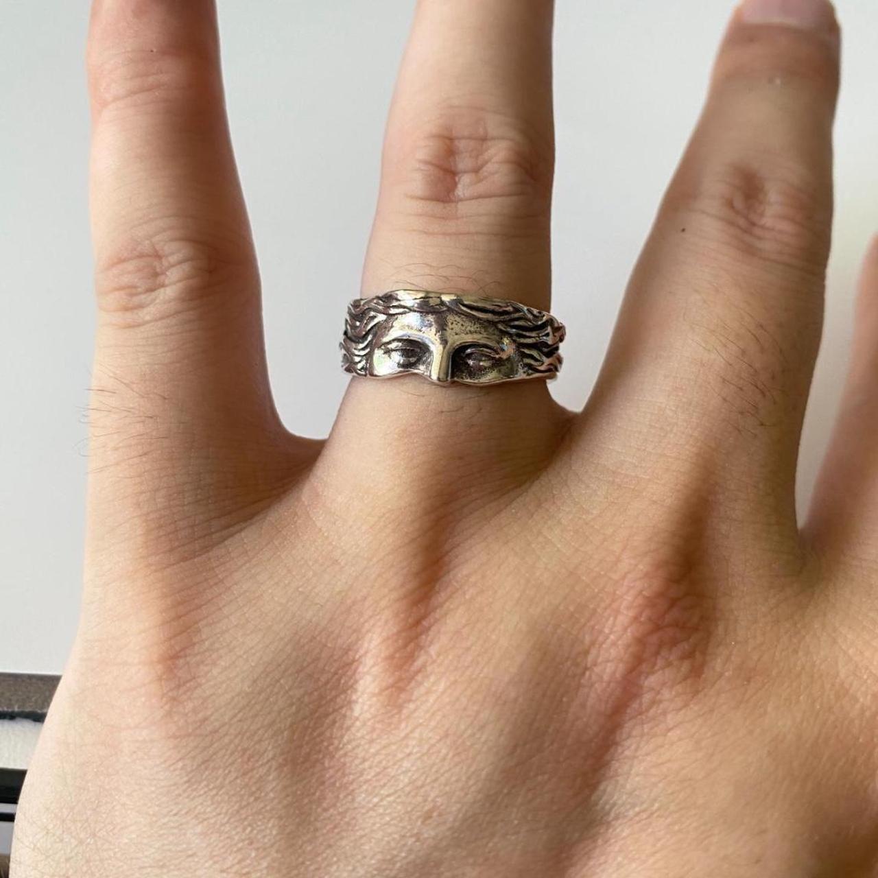 y2k 2000s style silver ring half face ring size:... - Depop
