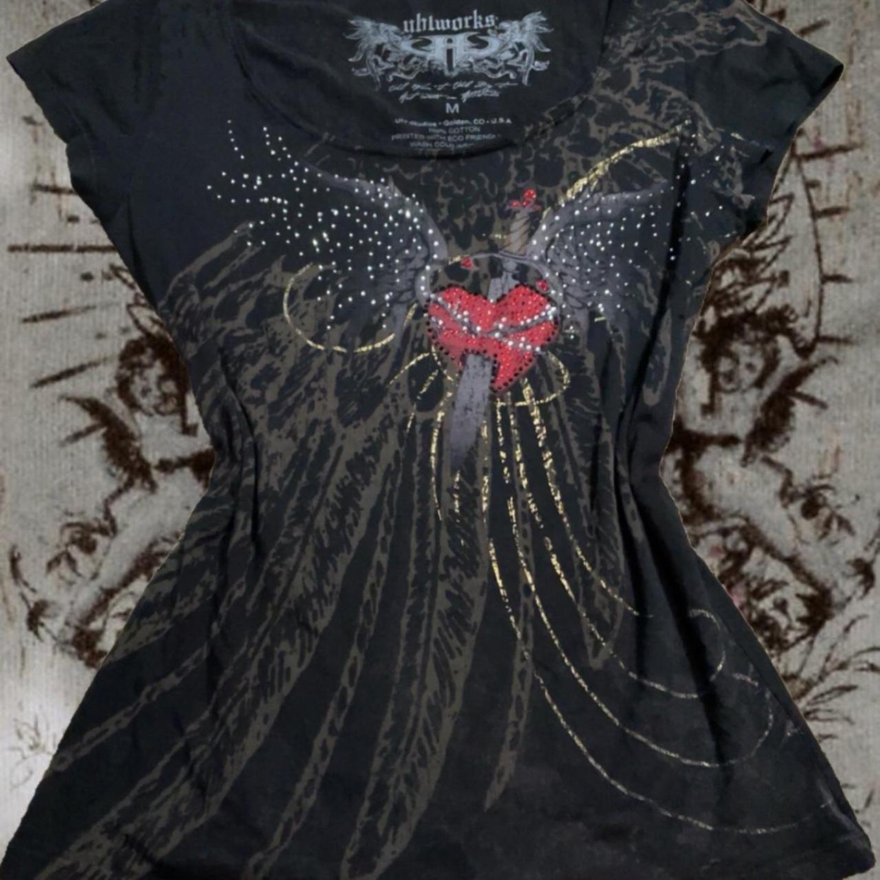 . Y2k grung women’s rhinestone t shirt, loose fit,... - Depop