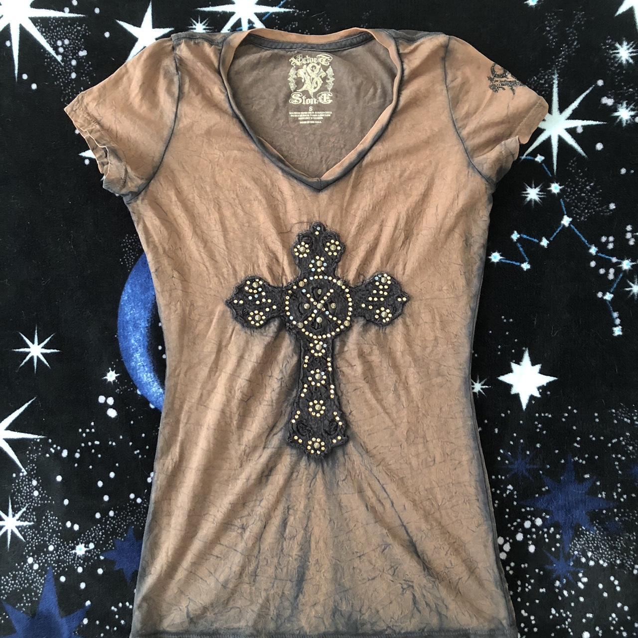 Brown Y2K cross shirt has gems and beads in the... - Depop