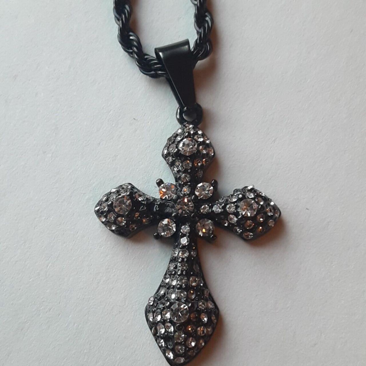 Black Stainless Steel Rhinestone Cross Pendant... - Depop