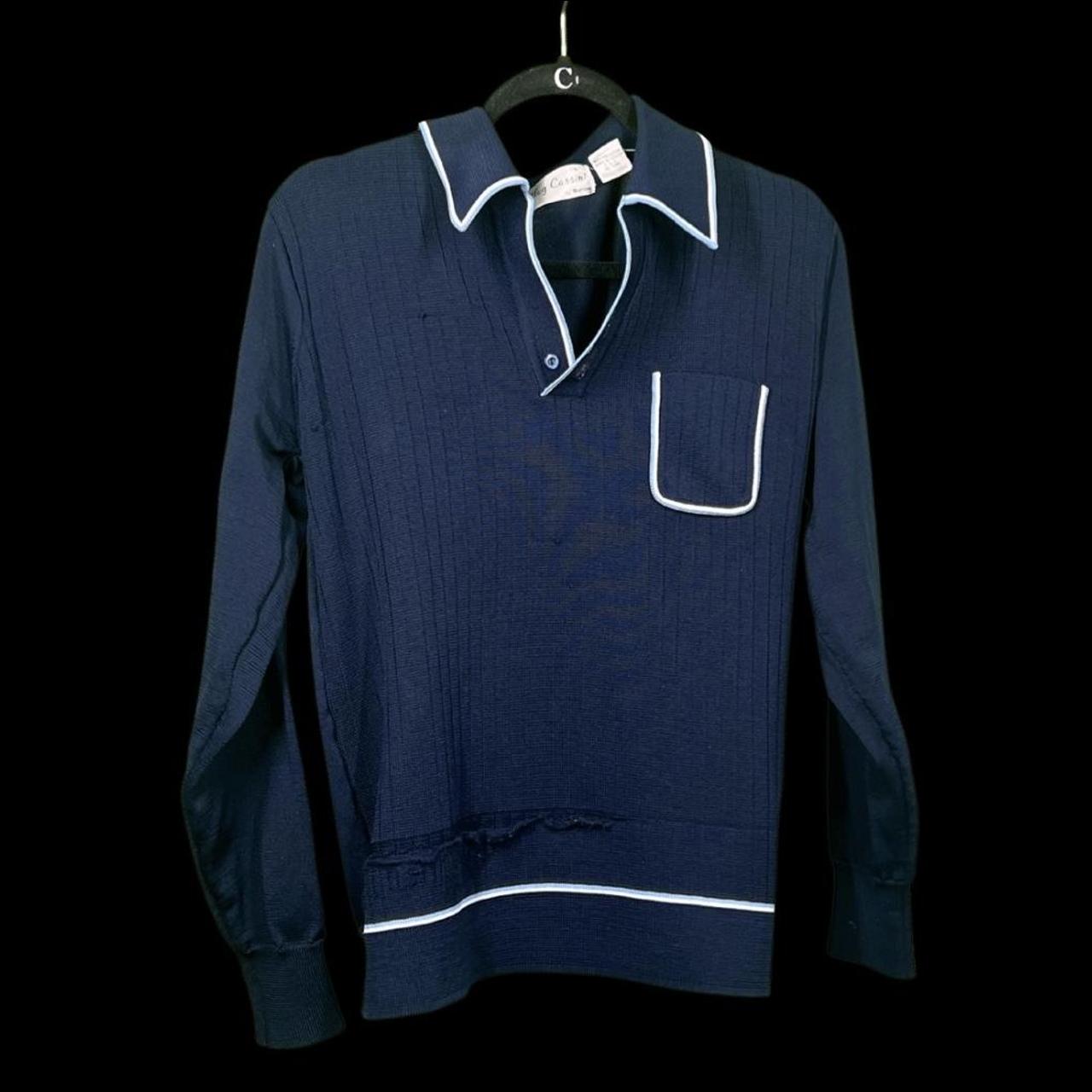 blue 70s style polo long sleeve shirt` - Depop