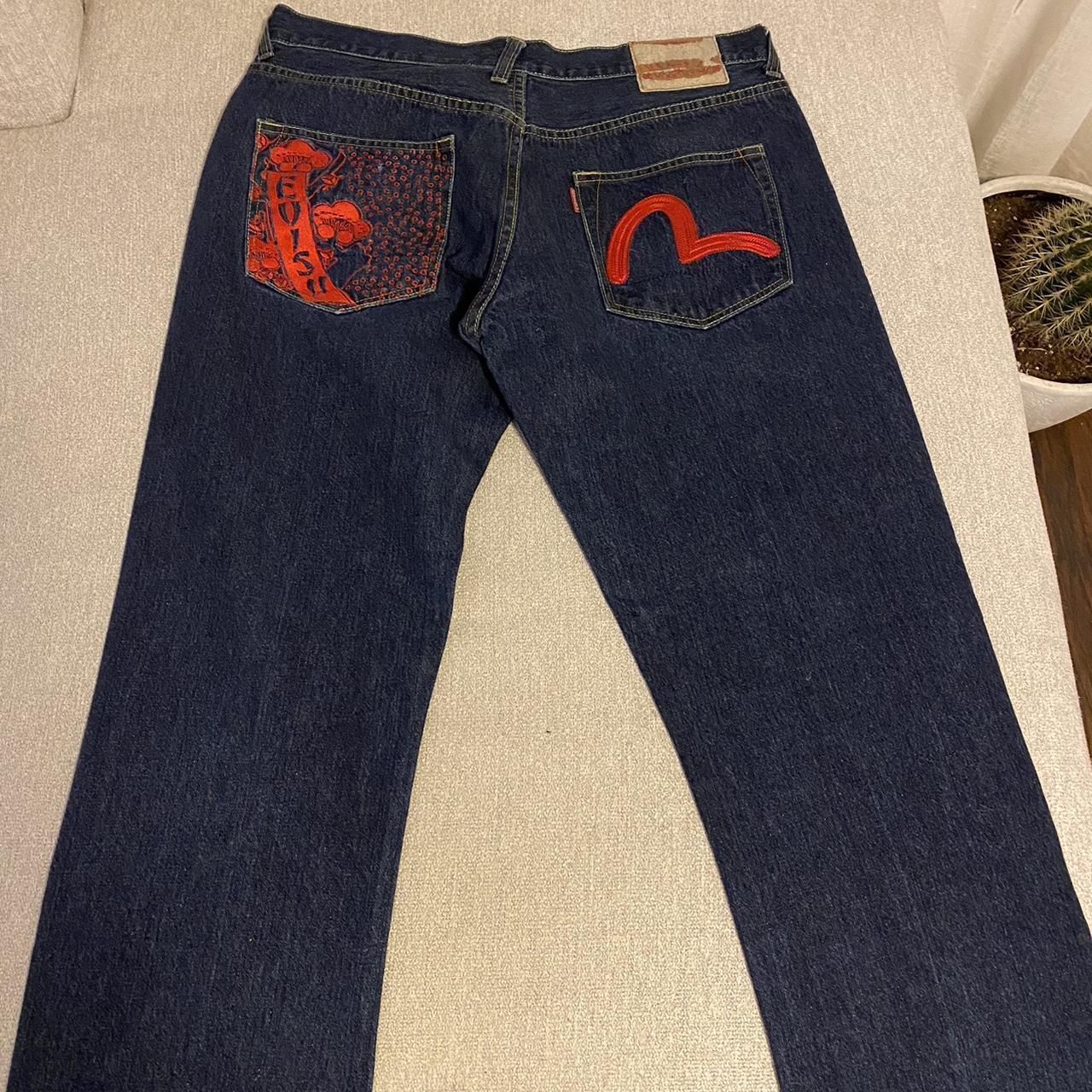 Baggy red design evisu pants #evisu #baggy #jeans - Depop