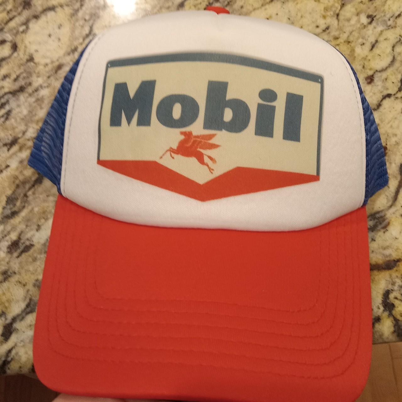Mobil oil company gas station Blue/Red trucker... - Depop