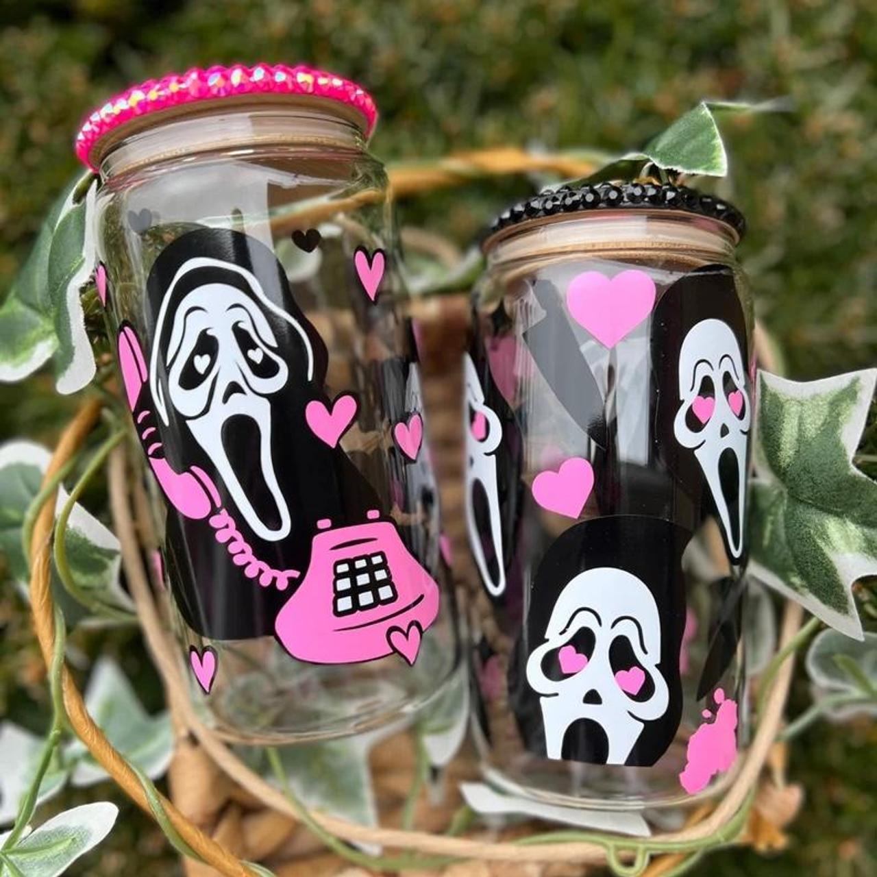Rhinestone Scream Ghostface Glass Can with Glass... - Depop