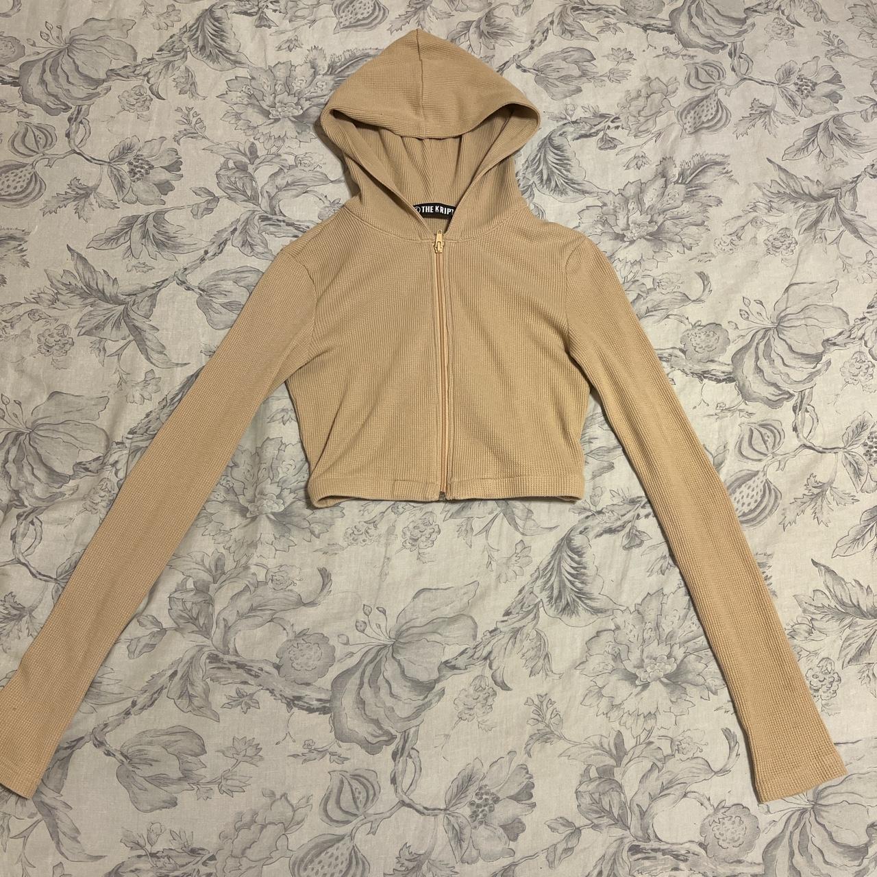 The KRIPT beige waffle material hooded cropped zip... - Depop