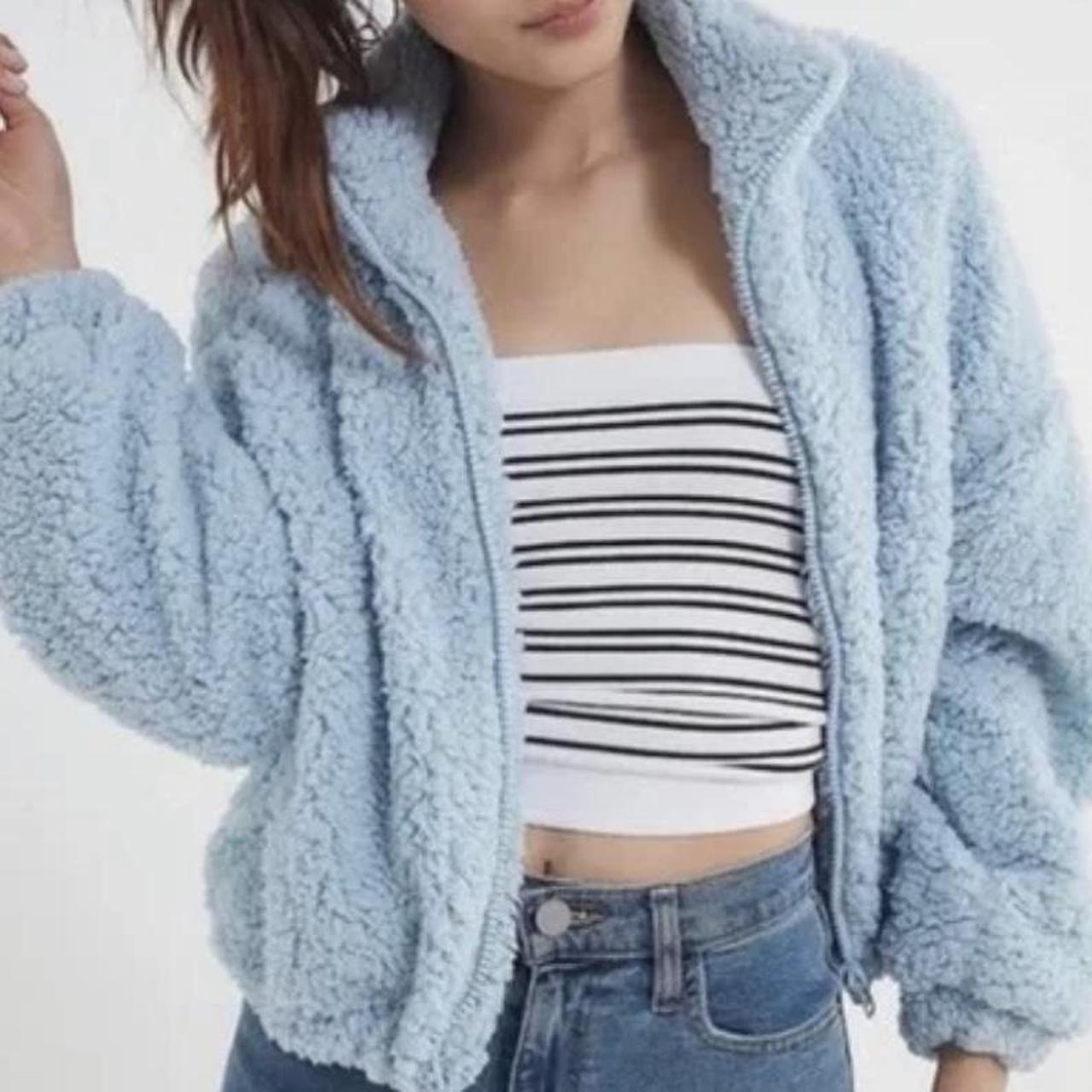 urban outfitters light blue teddy jacket fluffy and... - Depop