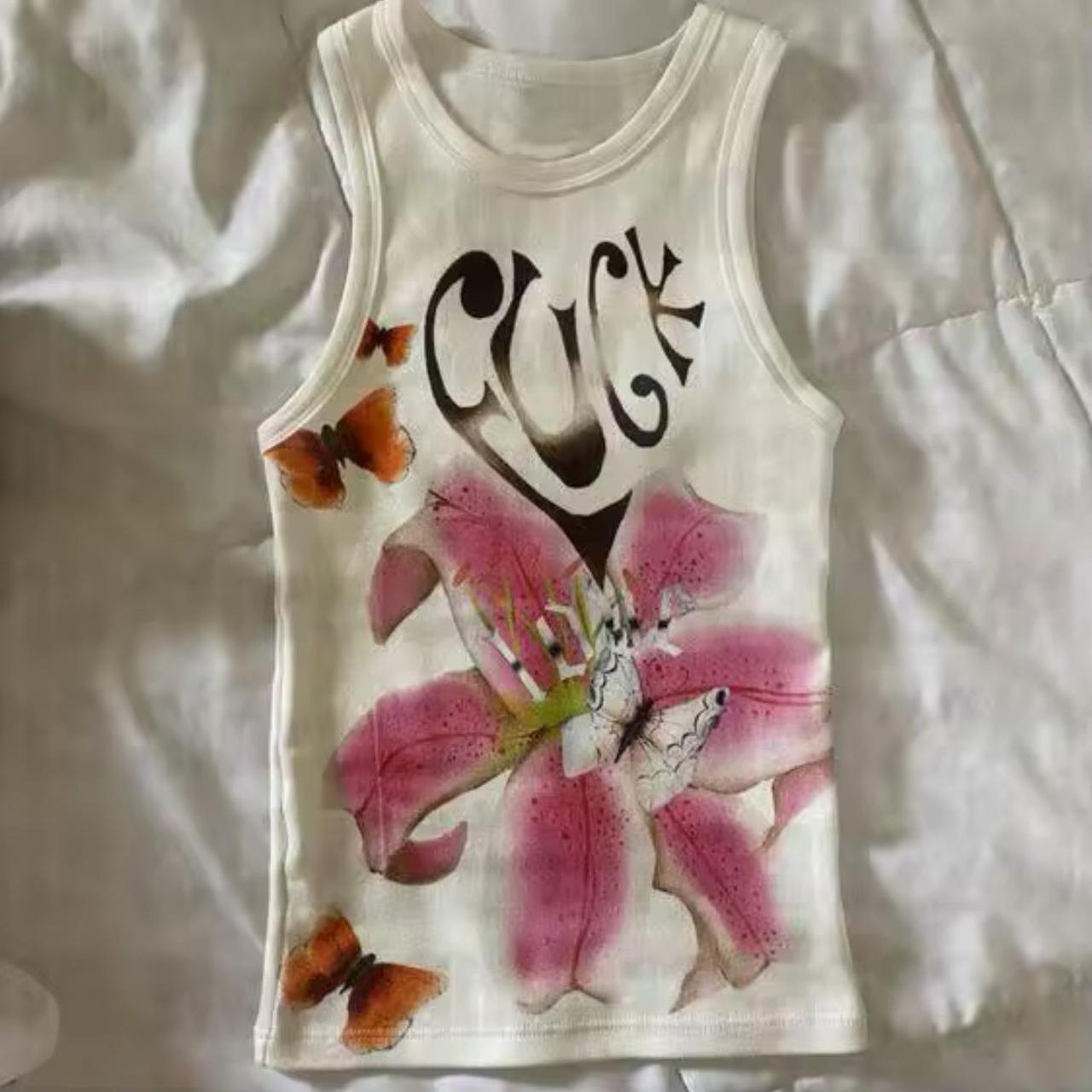White and pink graphic tank top #y2kfashion | Depop
