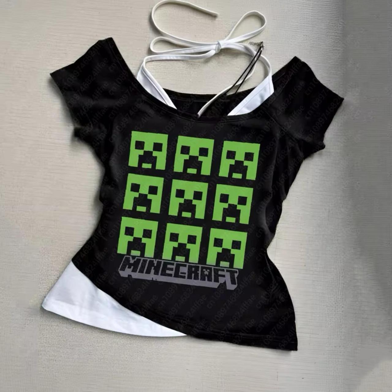 Black and green Minecraft off the shoulder top... | Depop