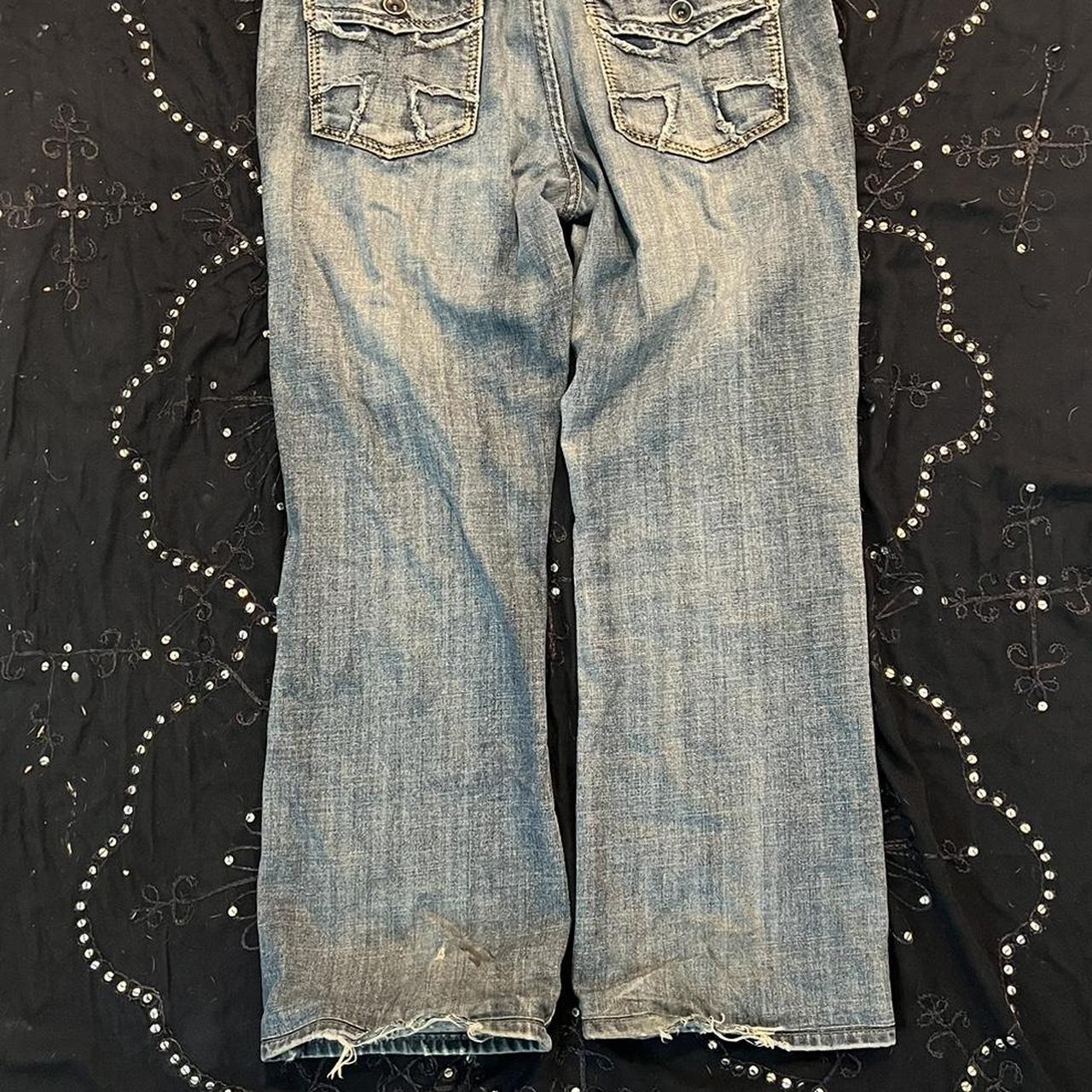 Helix relaxed boot cut jeans with distressed crosses... - Depop