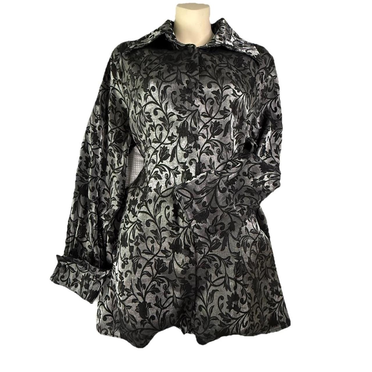 GRAY WITH BLACK FLORAL PRINT BUTTON UP BLOUSE, CHEST... | Depop