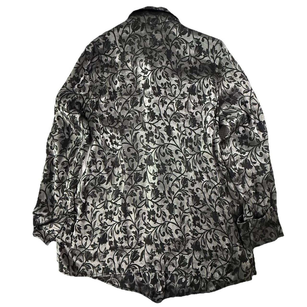 GRAY WITH BLACK FLORAL PRINT BUTTON UP BLOUSE, CHEST... | Depop