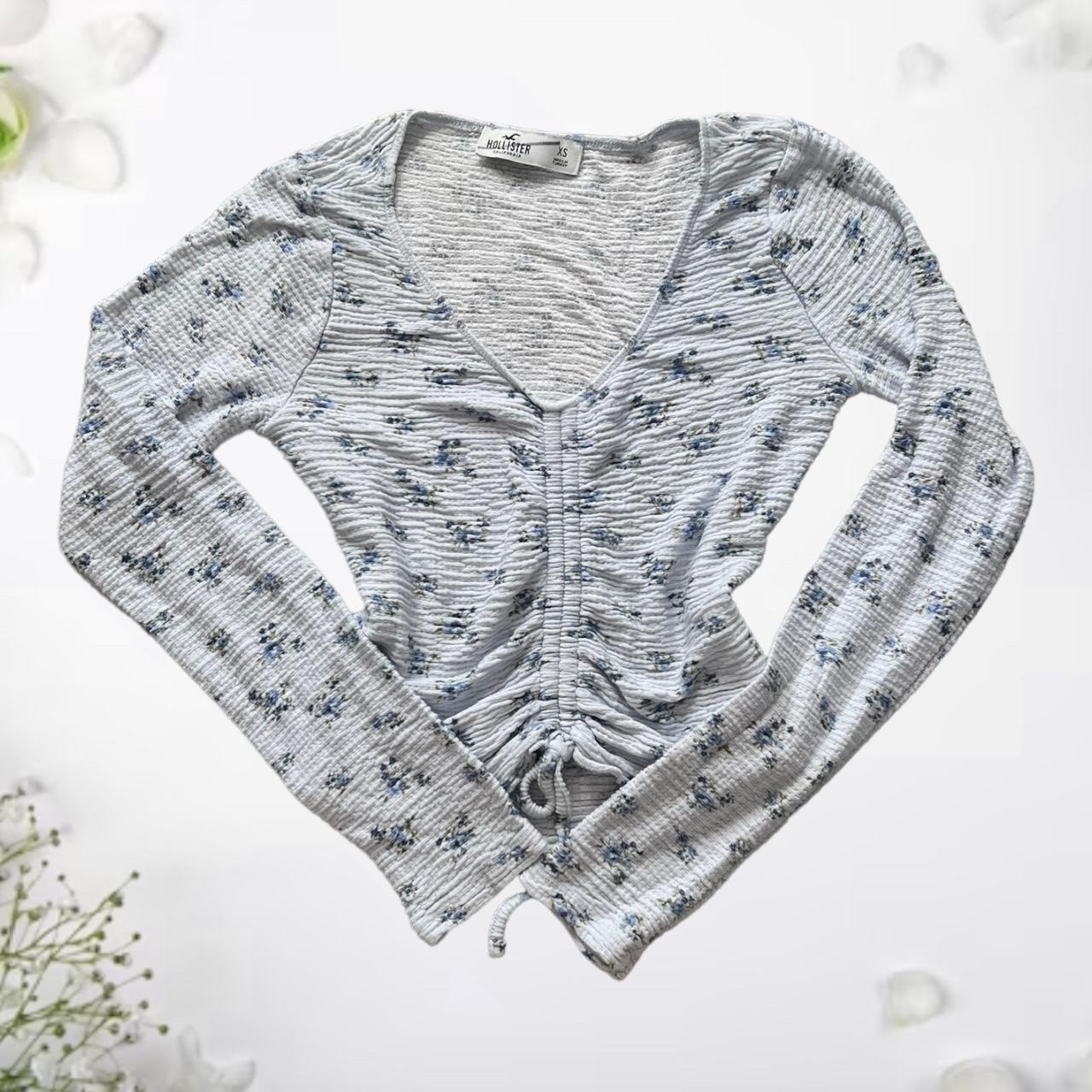 Hollister Baby Blue Runched Floral Long Sleeve Top... - Depop