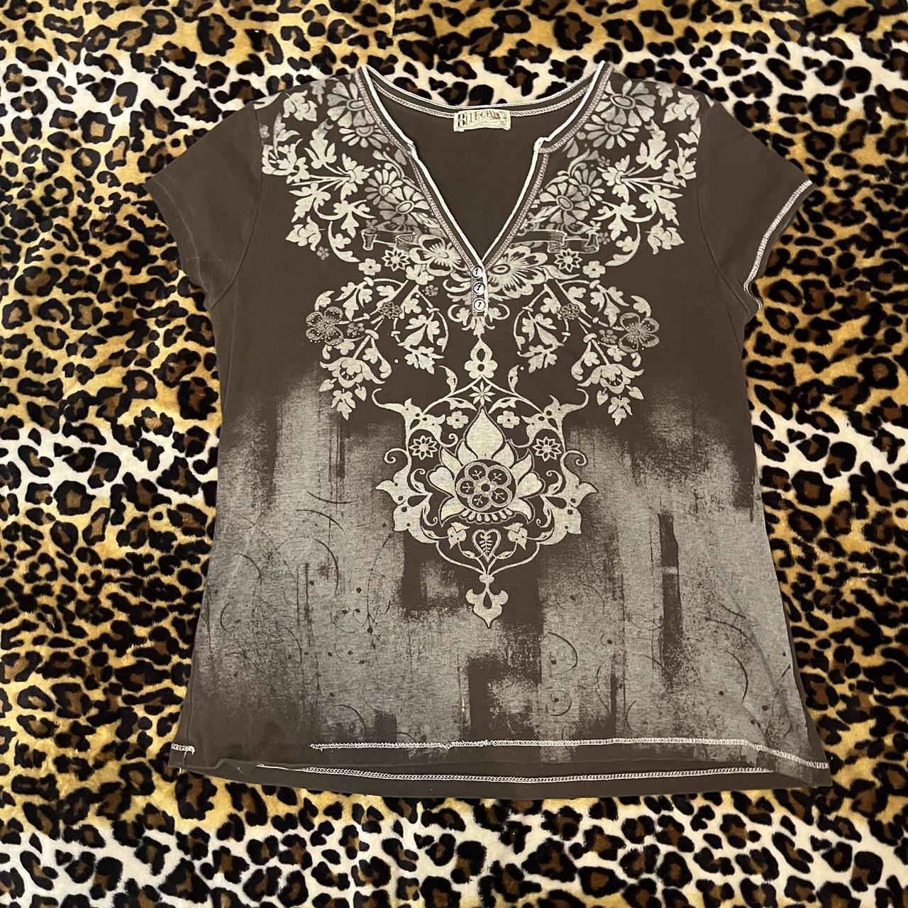 y2k brown rhinestone top XL blue canyon... - Depop