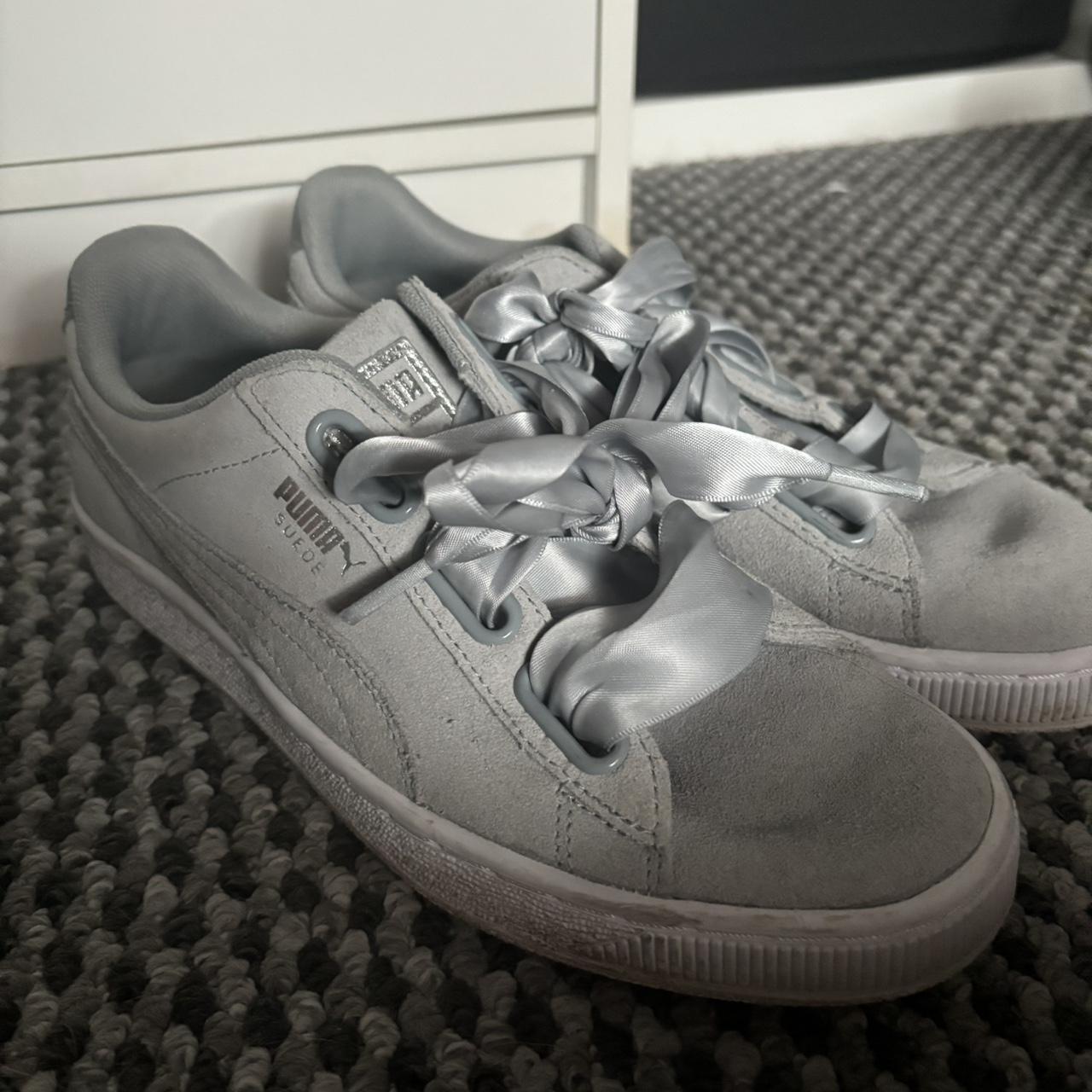 Grey Puma trainers with ribbon laces #PumaTrainers... - Depop