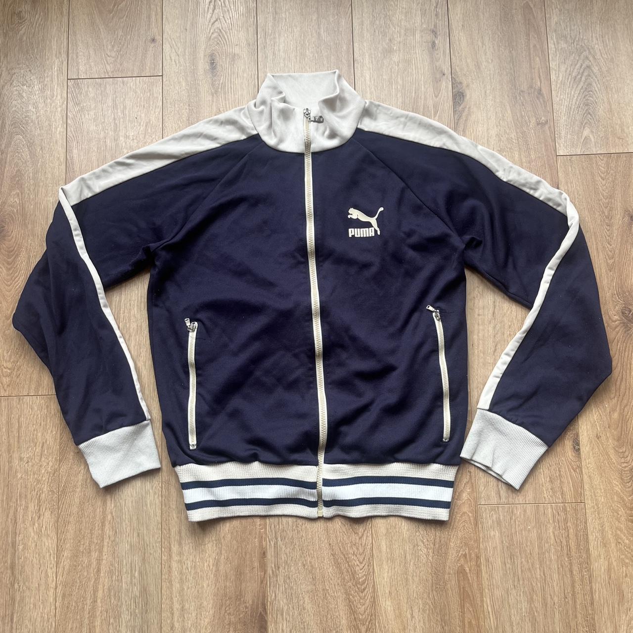 Vintage Puma blue and white track jacket size... - Depop