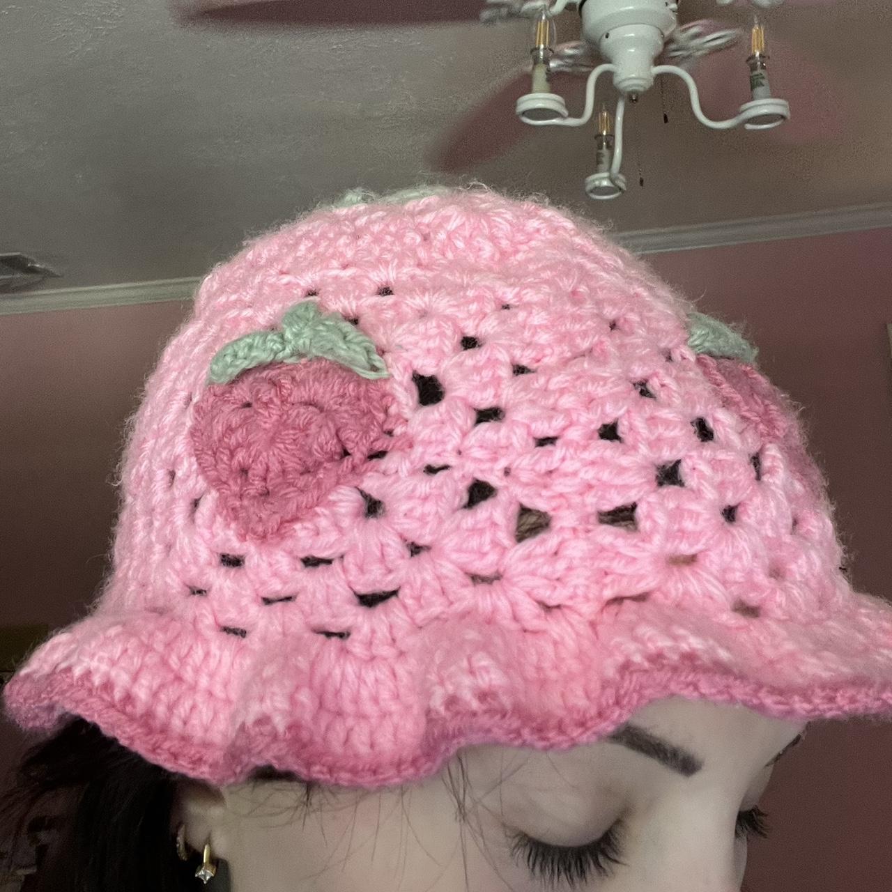 Cute pink strawberry crochet bucket hat Handcrafted... - Depop