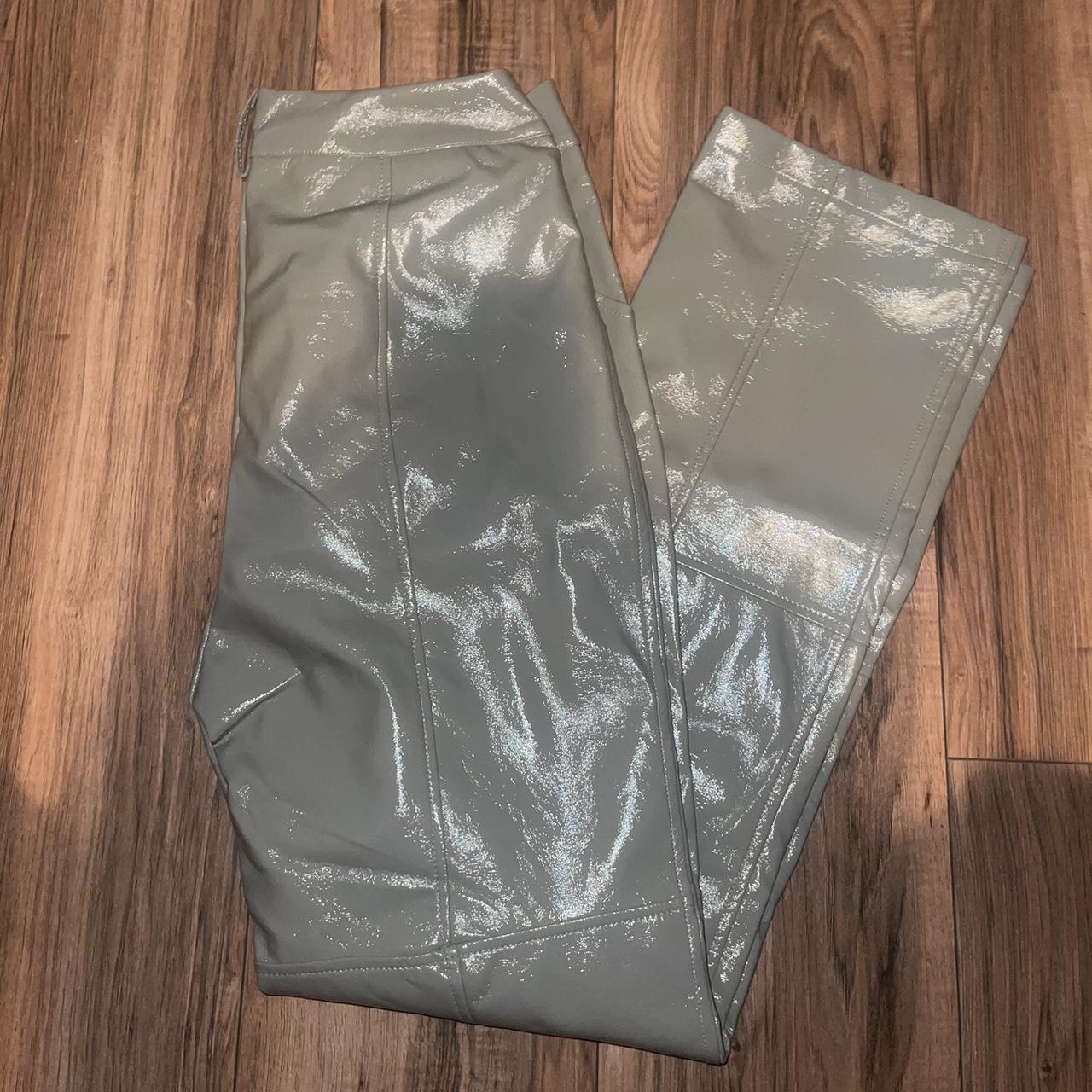 Grey/silver shiny faux leather pants, straight... - Depop