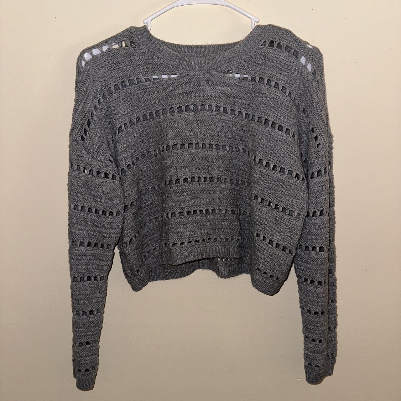 Grey cropped sweater with cut small out details... - Depop